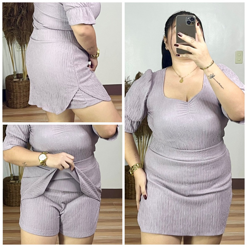 Plus Size Greta Coords Heartshaped Neckline Puff Sleeves Top and Skort ...