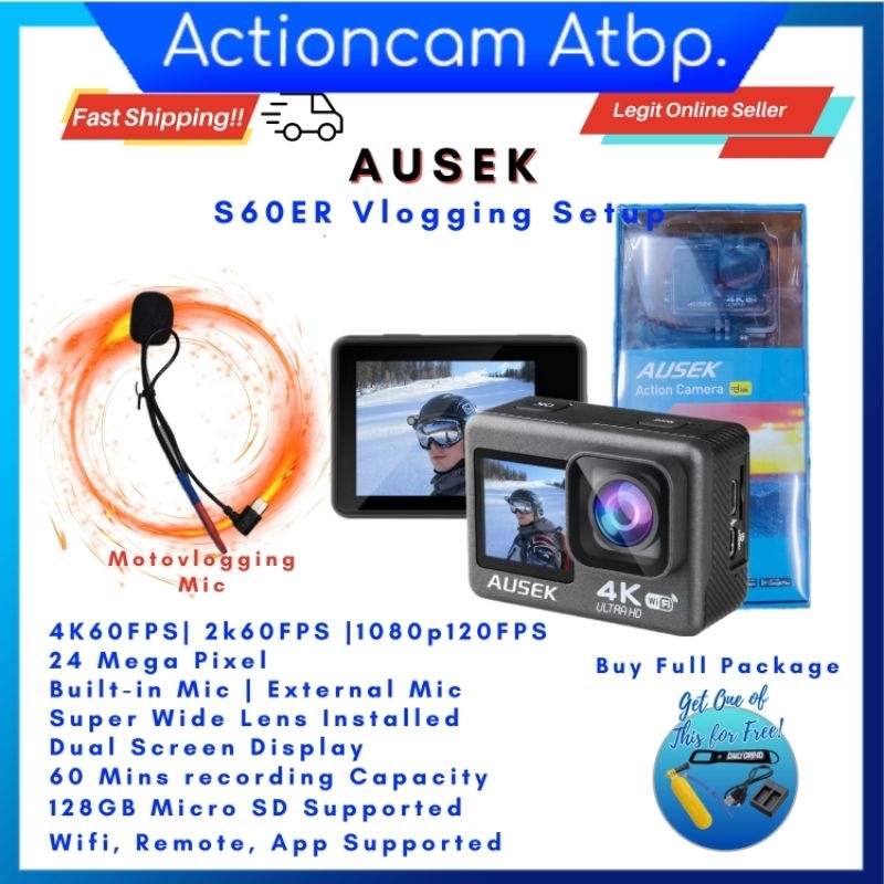 AUSEK S60ER ACTION CAMERA 4K 60FPS 24Mega Pixel New Version | Shopee Philippines