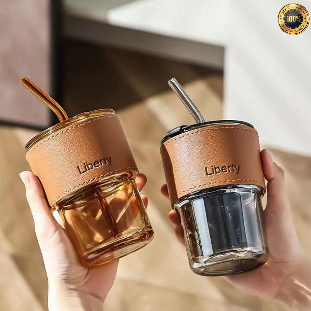 Glass Straw Cup Coffee Mug With Lid 450ml Double Wall Glass Mug Heat Resistant Drinkware