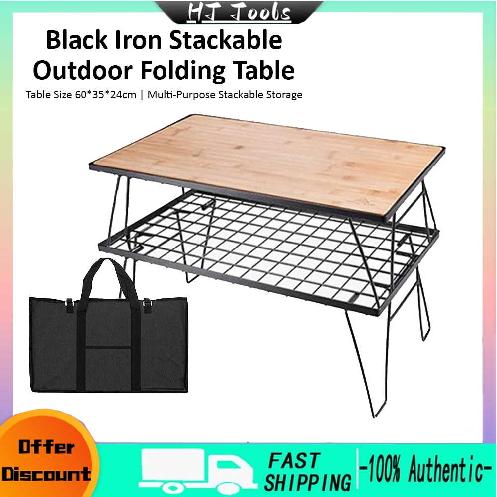 Black Steel Table Stacking Storage Rack Foldable Table Bamboo Board ...