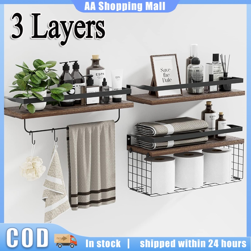 Wall Mounted Floating Shelf 3 Layers Wooden Wall Shelf with Storage ...