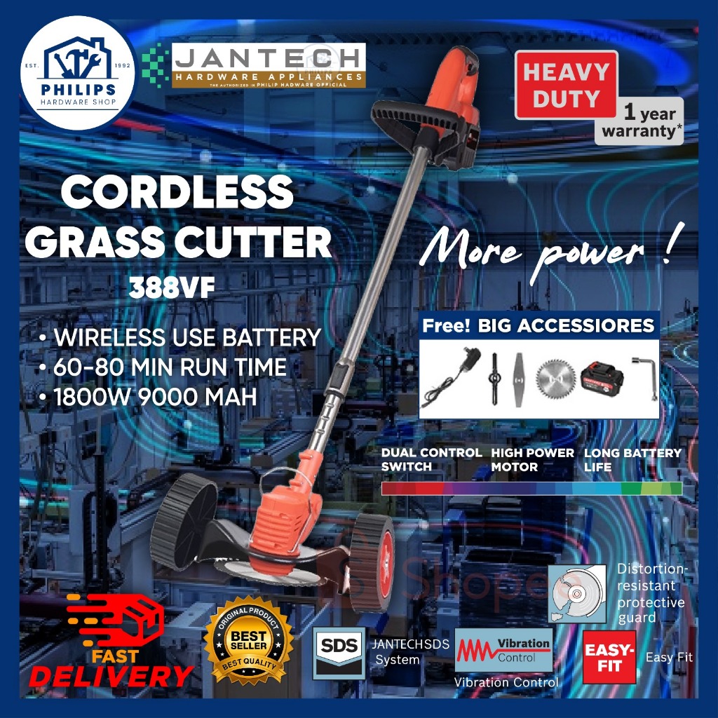 (JANTECH)-388V Powerful Electric Cordless Grass Cutter Rechargeable Lithium Battery Grass ...