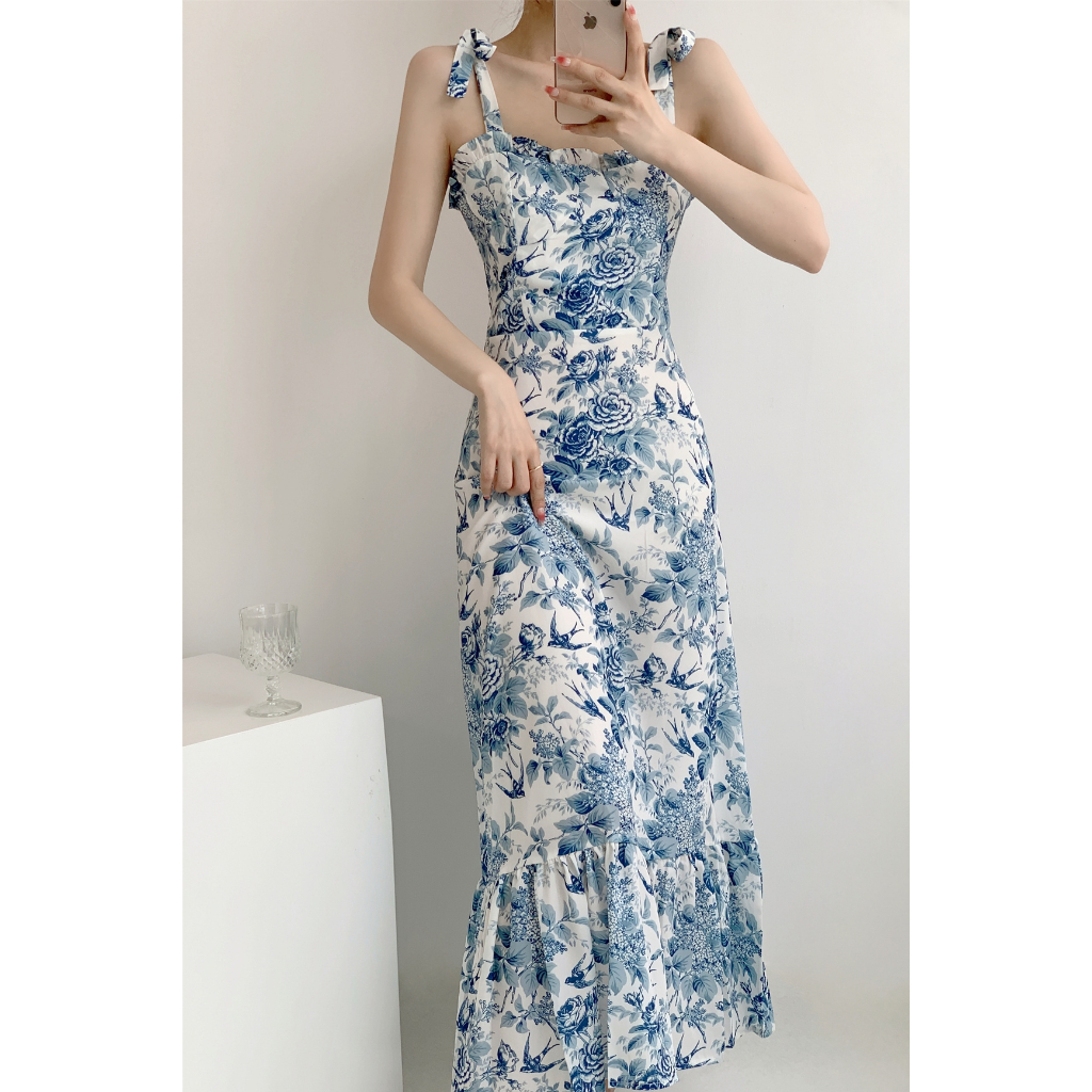 summer blue floral long dress plus size dress for woman casual korean ...