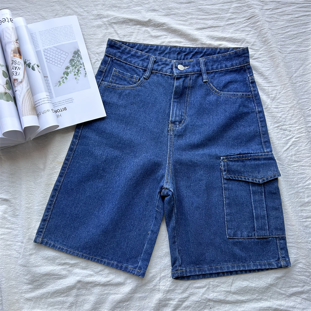 High-Waisted Cargo Denim Shorts Korean Style Five-Pocket FIve-Point ...