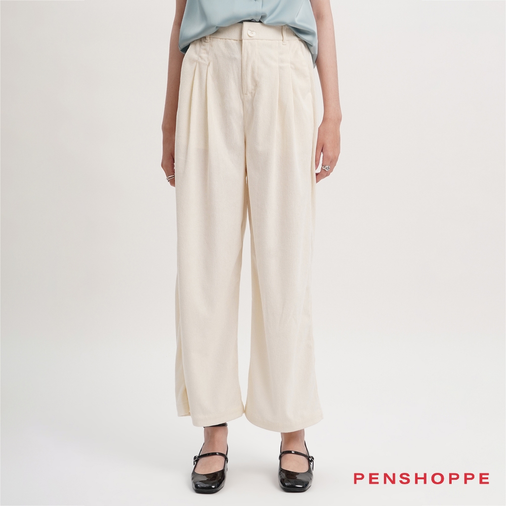 Penshoppe Wide Leg Corduroy Trousers For Women (Off White) | Shopee ...