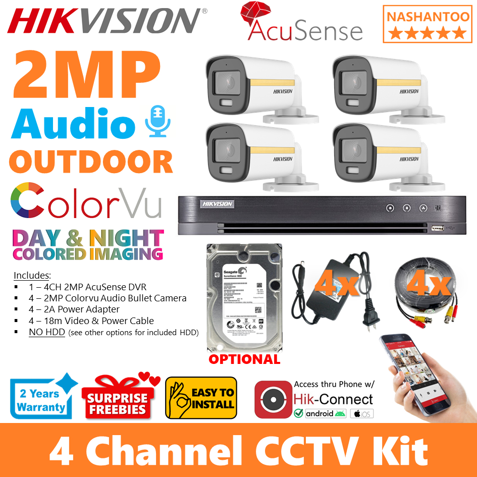 HIKVISION 4CH 2MP ColorVU Audio 4Cameras Outdoor Bullet 4CH DIY CCTV Package Complete Kit 4 ...