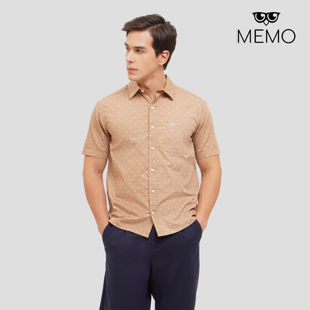 Memo All Over Print Button Up Short Sleeve Shirt For Men (Latte Brown ...