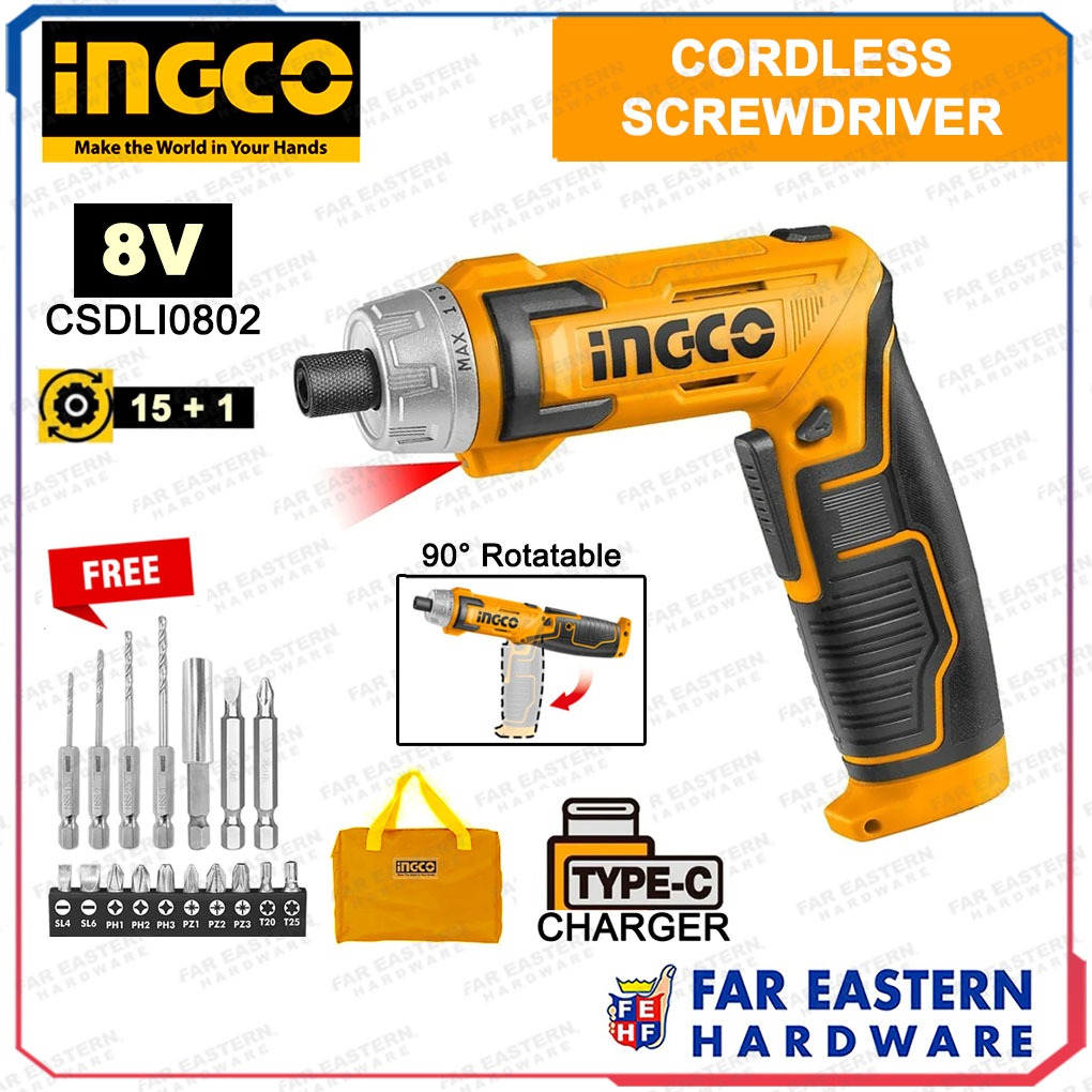 INGCO Cordless Screwdriver Driver 8V w/ Screwbit Holder TYPE C Port ...