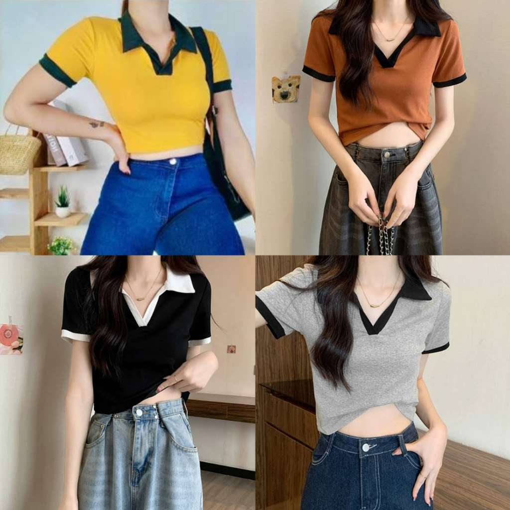 VERA Collar Korean Stylish Top V neck Combi Collar Tops Crop top for ...