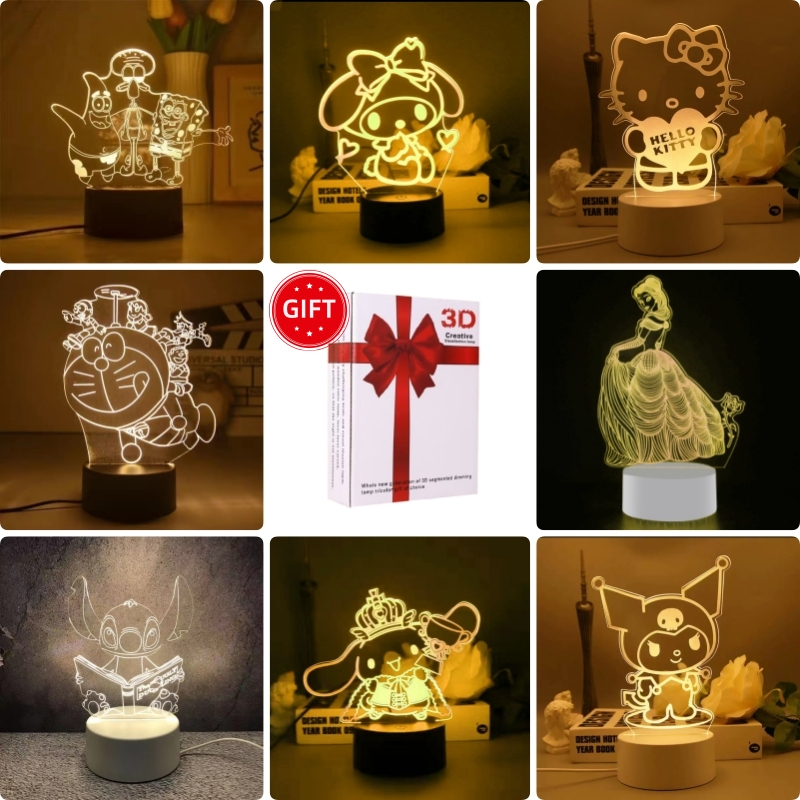 Cartoon Characters 3D Acrylic LED Lamp Night Romantic Gift Lamp Sanrio ...