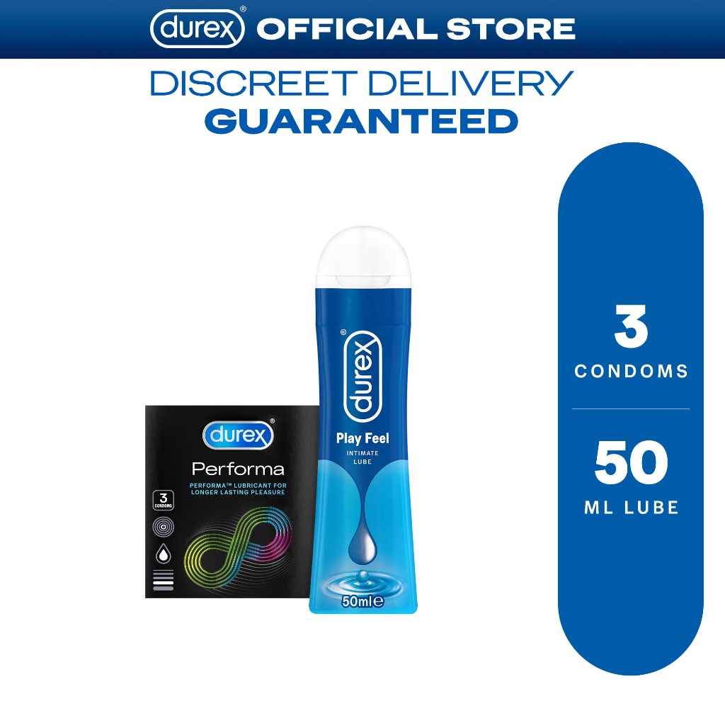 Durex Performa Extended Pleasure Lubricated Condoms 3s with Play Feel 50mL Lubricant Bundle ...