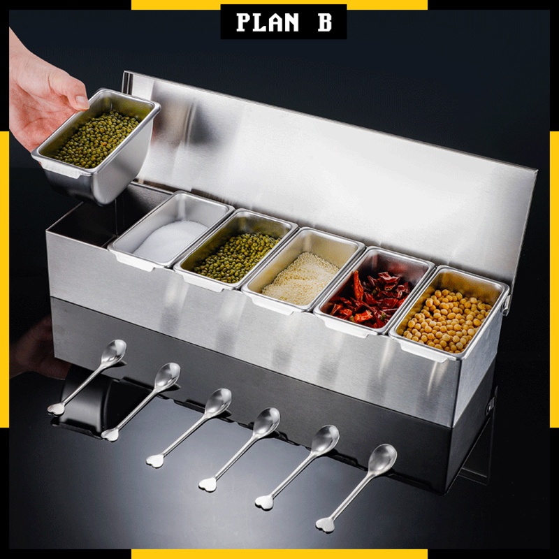 6 Grids Stainless Steel Restaurant Seasoning Box Condiments Storage Box ...