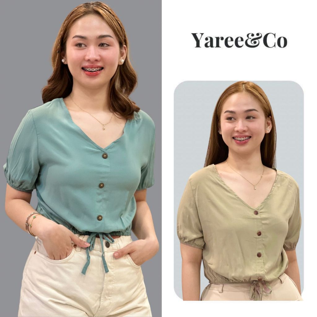 YAREE.CO Honey casual garterized v-neck button trendy top for women ...