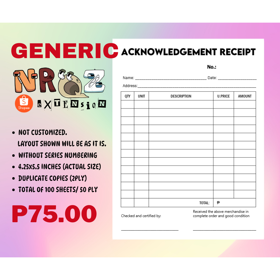 ACKNOWLEDGEMENT RECEIPT -- Carbonized -- GENERIC ONLY! | Shopee Philippines