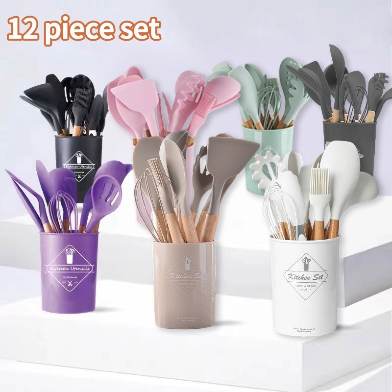 12PCS Silicone Kitchen Utensils set Kitchen tools kitchenwares Wooden ...