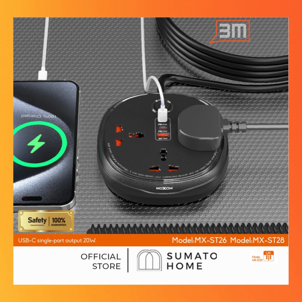 Sumato Home 6 in 1 Power Strip 2Type C PD20W 1 USBA QC18W 3Ac Outlet Universal Socket | Shopee ...