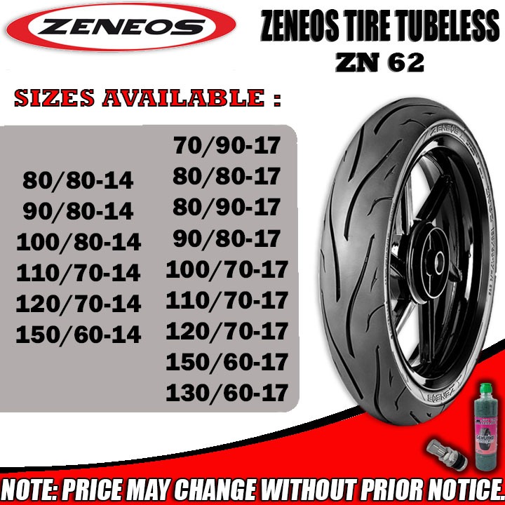 ZN62 ZENEOS MOTORCYCLE TIRE TUBELESS | Shopee Philippines