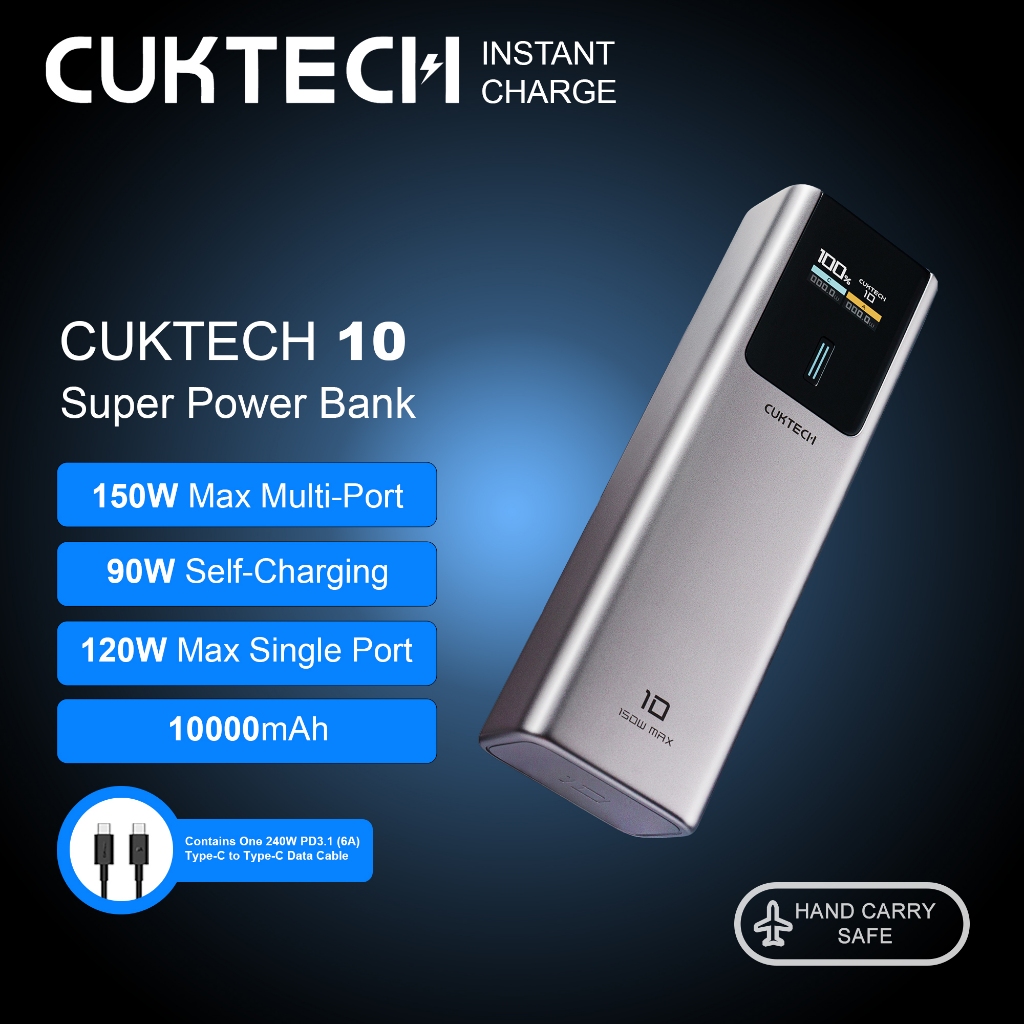CUKTECH No.10 Power Bank 10000mAh PB100P 150W MAX 2-Port Output Portable Charger Laptops Type C ...