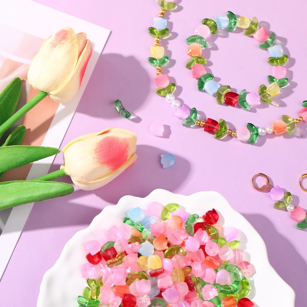 20Pcs/Set Tulip Flower Beads Glass Translucent Beads Glass Beads for ...