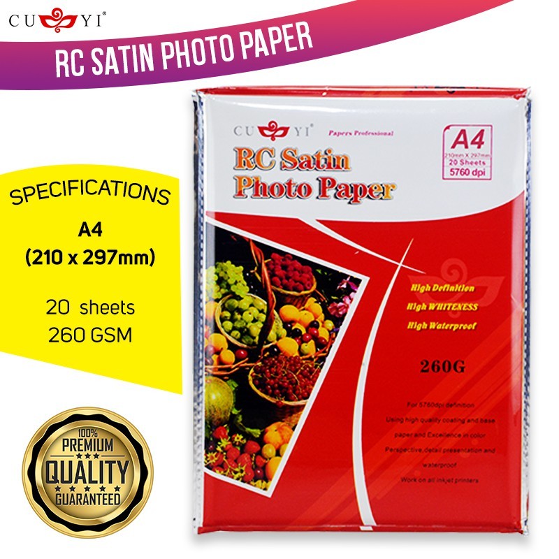 CUYI RC Satin Photo Paper 260GSM A4 5R 4R & 3R size (20 sheets per pack ...