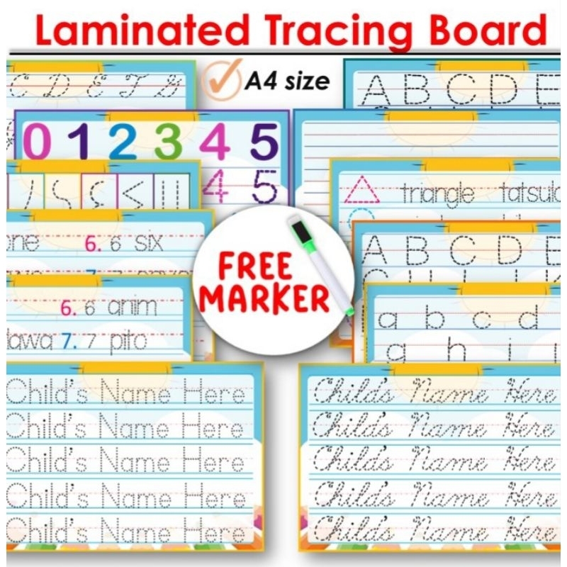 TRACING BOARDS Name Trace, Number Trace & more LAMINATED w/ free 1 pen ...