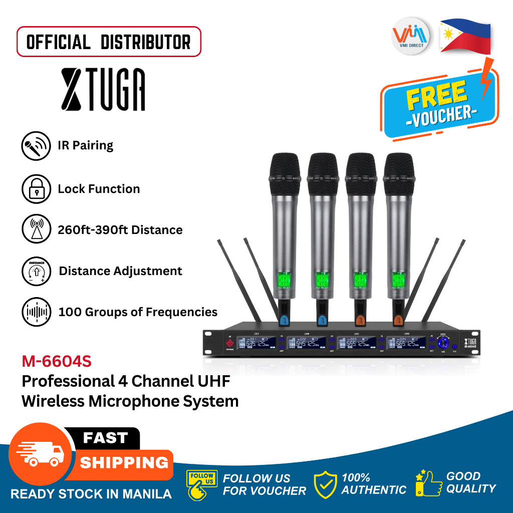XTUGA M-6604S Professional 4 Channel Wireless Microphone System True Diversity Cordless Handheld ...