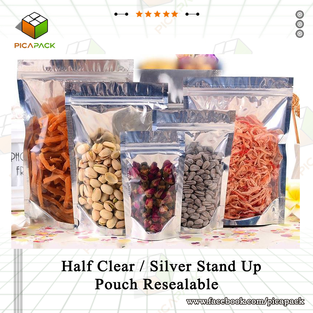 50 pcs Half Clear / Silver Stand Up Pouch Resealable Snacks Beans ...
