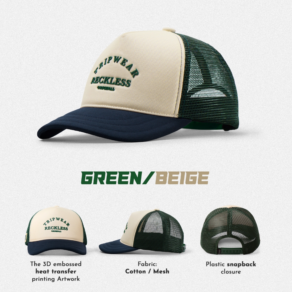 Reckless Tripwear Cap - Trucker Cap - Cotton Khaki Fabric, Breathable ...