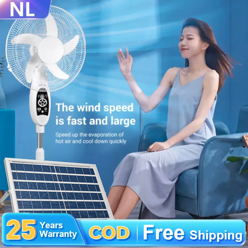 Solar fan 12/16 inch rechargeable 2 LED light emergency light desktop ...