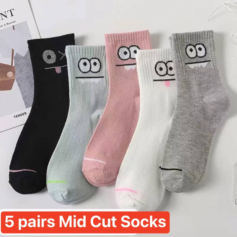 5 pairs with pouch Cute Big Eyes Style Mid Cut Iconic Socks | Shopee ...