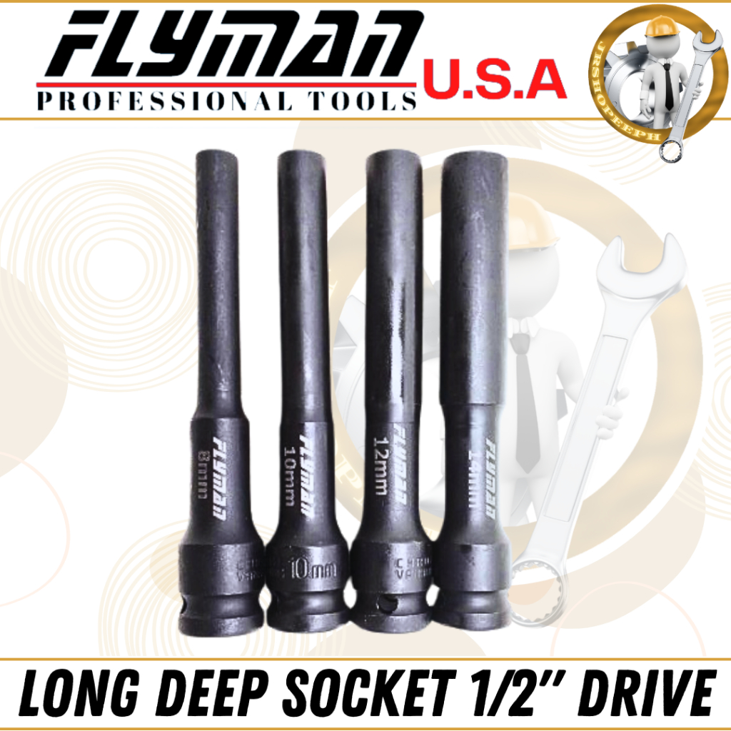 Flyman Long Deep Socket with variation 8-14mm 1/2" Drive Carbon Black ...