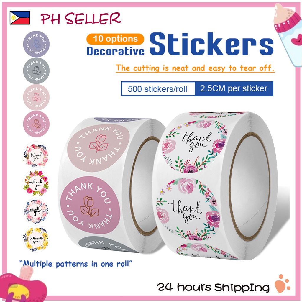 Flower Round Thank You Label Sticker 500PCS 1Roll Thank U Packaging ...
