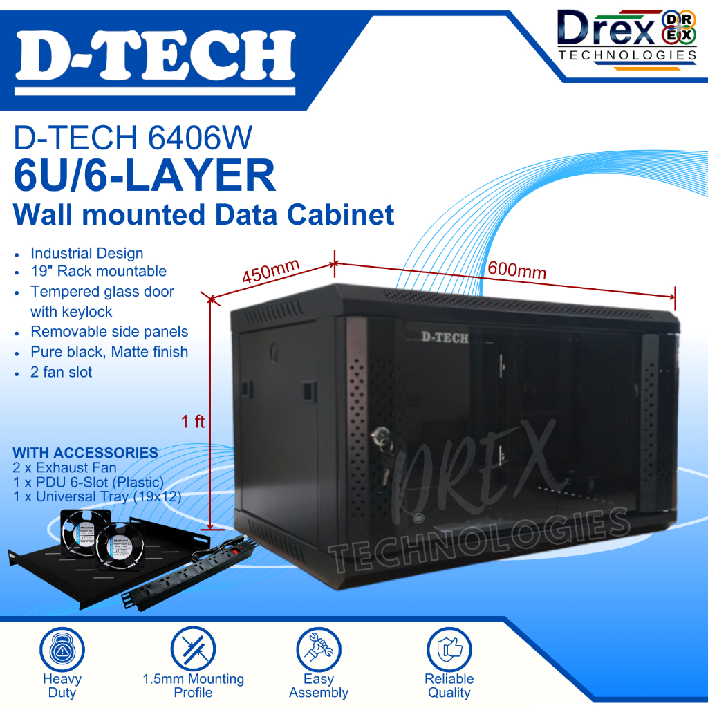 D-Tech 6406 6U Wallmounted Data Cabinet 600x45x1FT W/ 2pcs Fan, PDU 6 ...