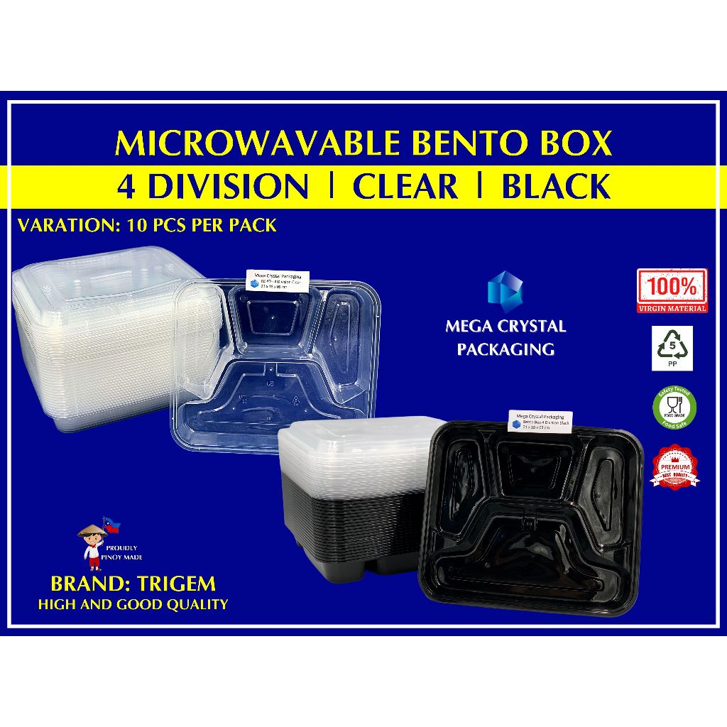 [ 10 Pcs ] Microwavable Container 4 Division CLEAR / BLACK with Semi ...
