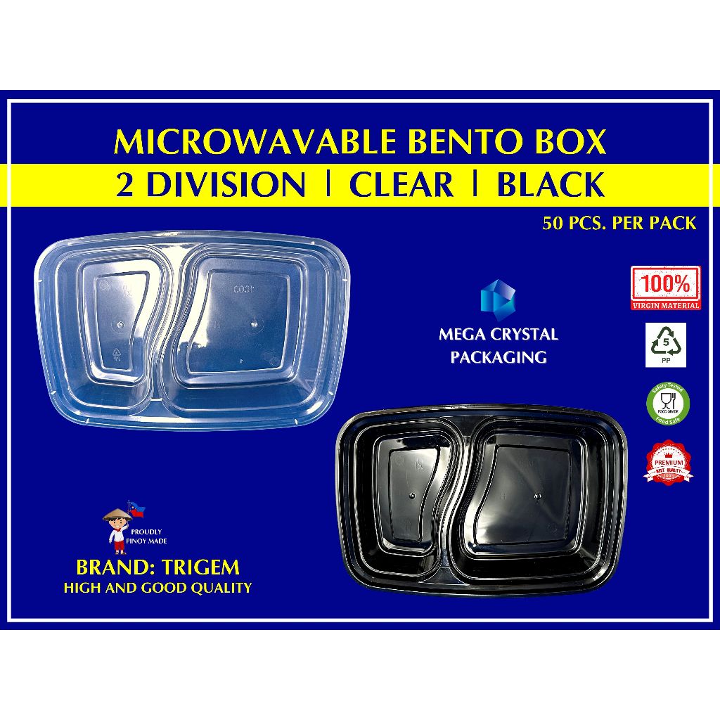 [ 50 Pcs ] Microwavable Container Rectangular 2 Division CLEAR / BLACK ...