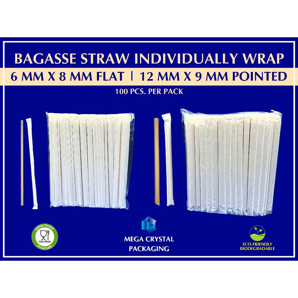[ 100 Pcs ] Bagasse Straw Individually Wrap 6mm x 8in Flat | 12mm x 9in ...