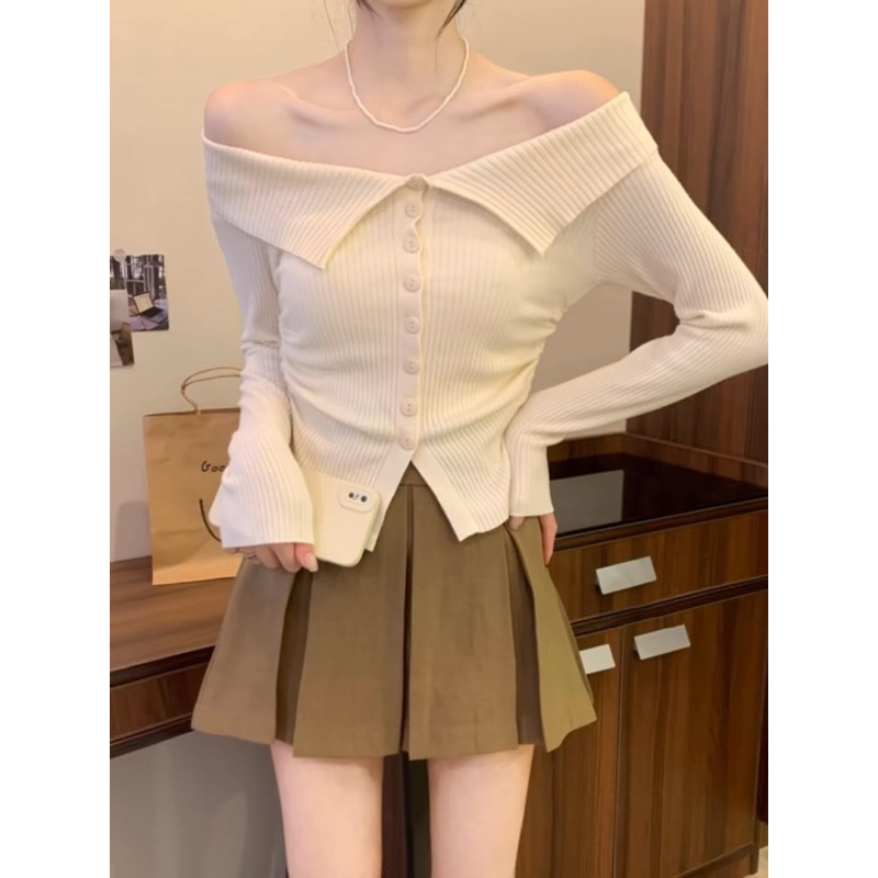 1218 Sex Chic Lady Off Shoulder Croptop Korean Knitted Bottom Blouse
