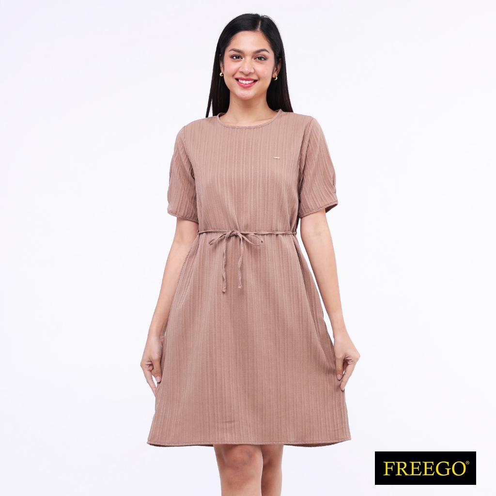 Freego Ladies Woven Bubble Line Short Sleeves Dress AST08-0058 | Shopee ...