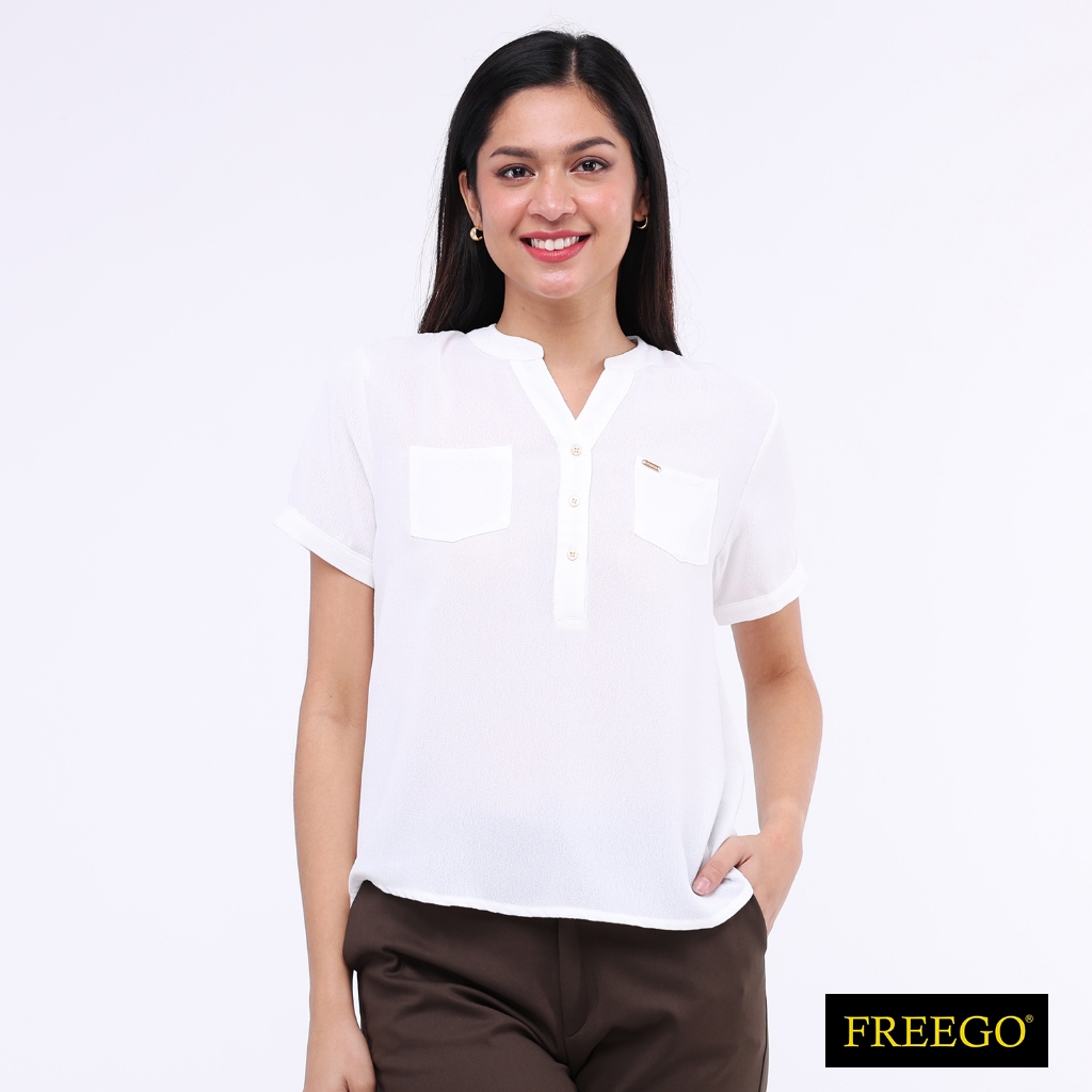 Freego Ladies Woven Plain Crepe Short Sleeves Blouse AST04-0127 ...