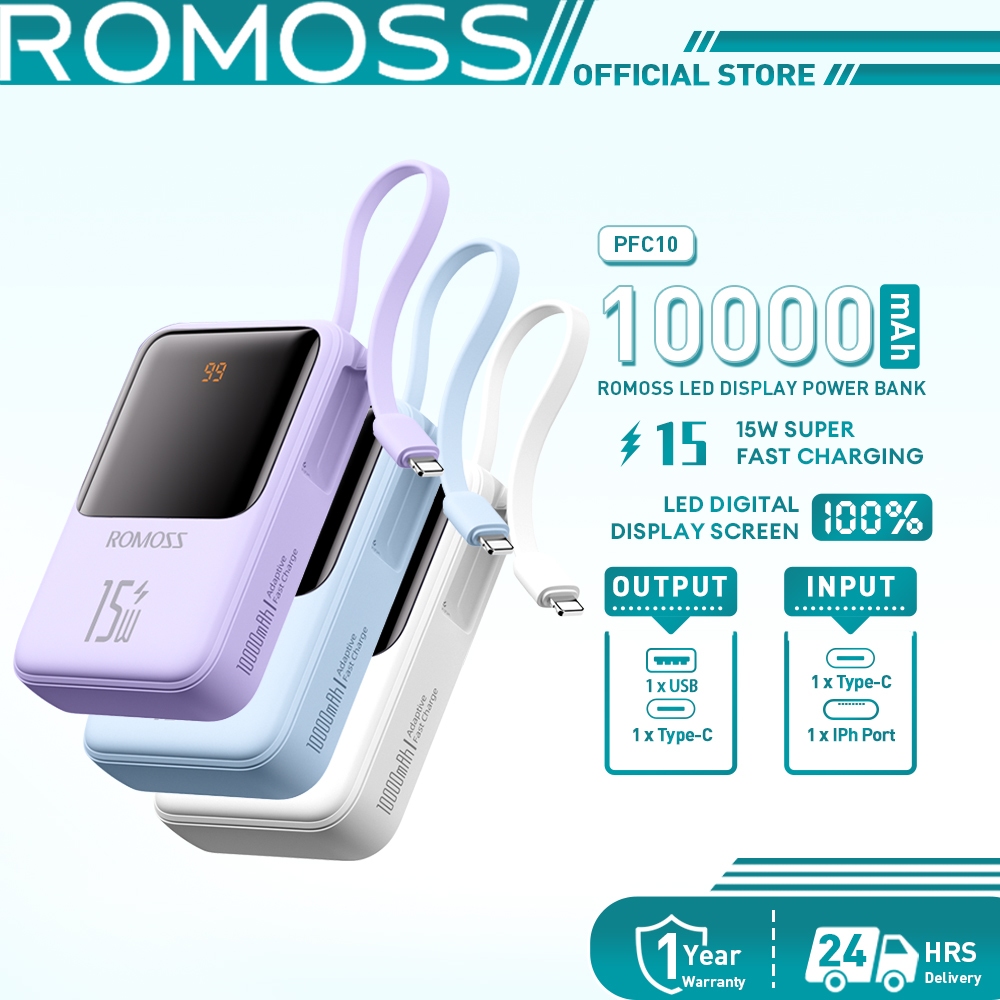 Romoss PFC10 10000mAh Powerbank 15W Fast Charge Built-in Cable Mini ...