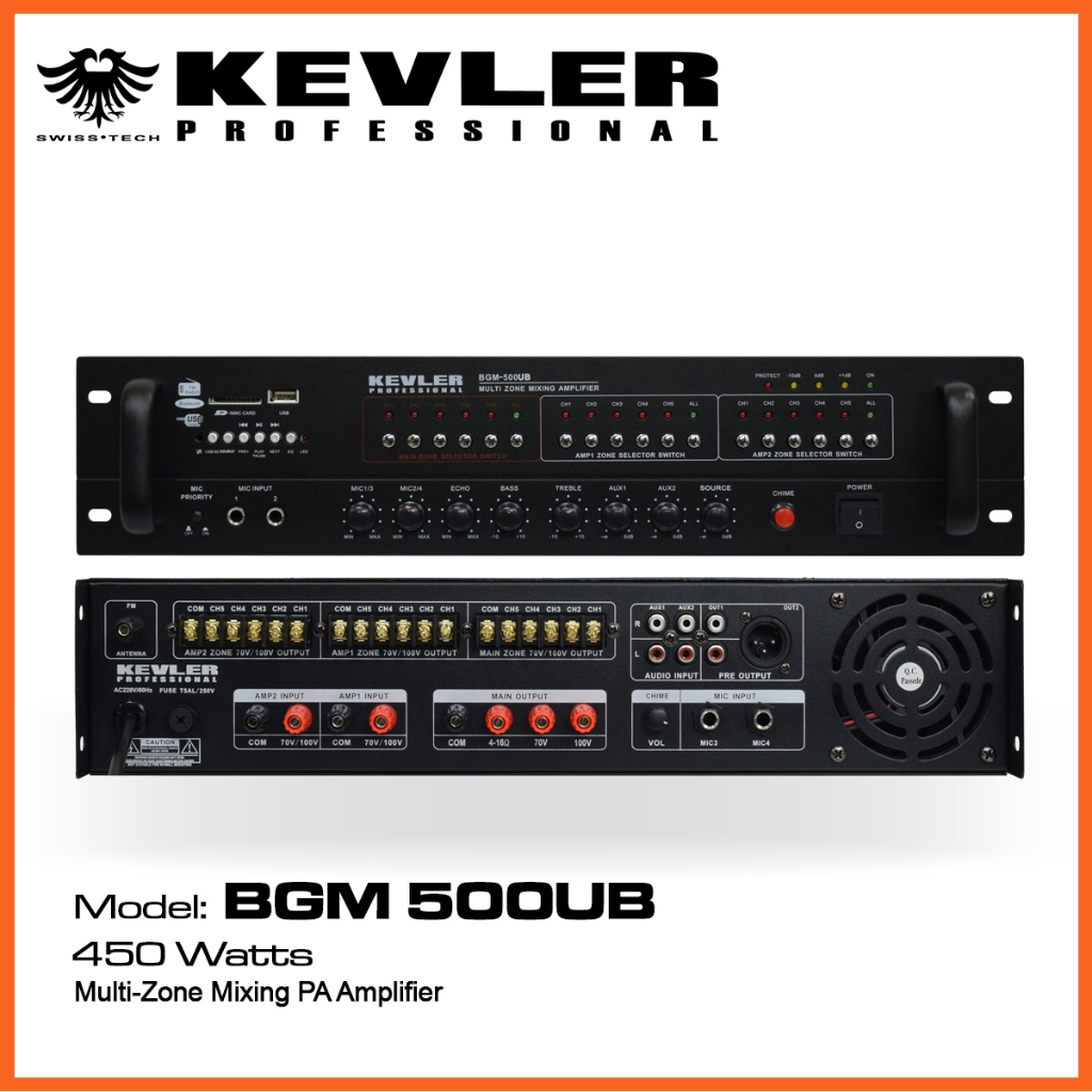 Kevler BGM-500UB 500W PA ZONE MIXING AMPLIFIER 70V 100V LINE WITH CHIME ...