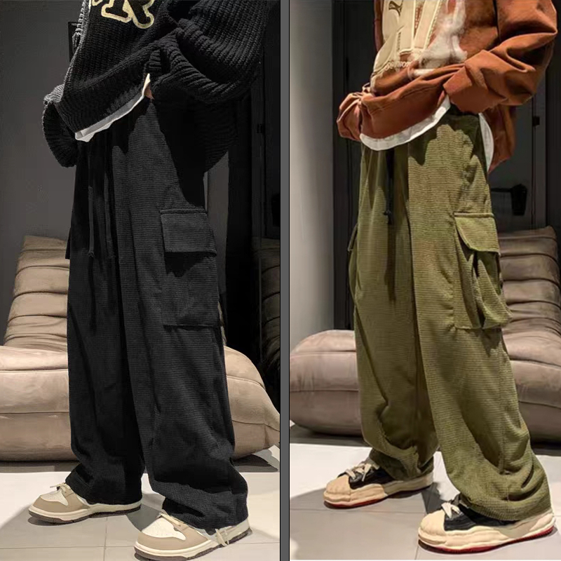 Korean Black Baggy pants Waffle Cargo Pants For Men Straight Cut Slacks ...