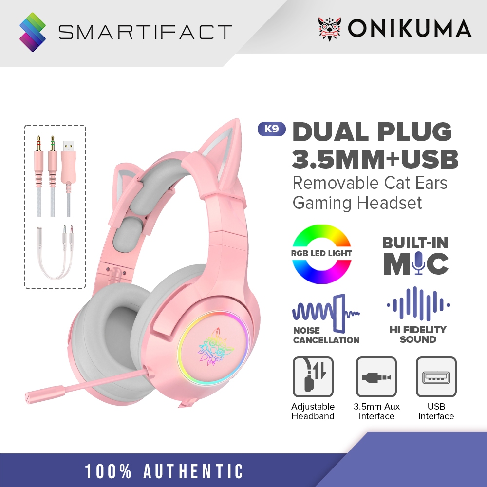 ONIKUMA K9 dual plug 3.5+USB gaming headset pink RGB (cat ears ...