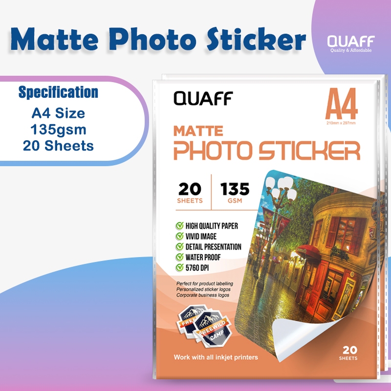 Quaff Matte Photo Sticker Paper A4 Size 20 Sheets / pack | Shopee ...