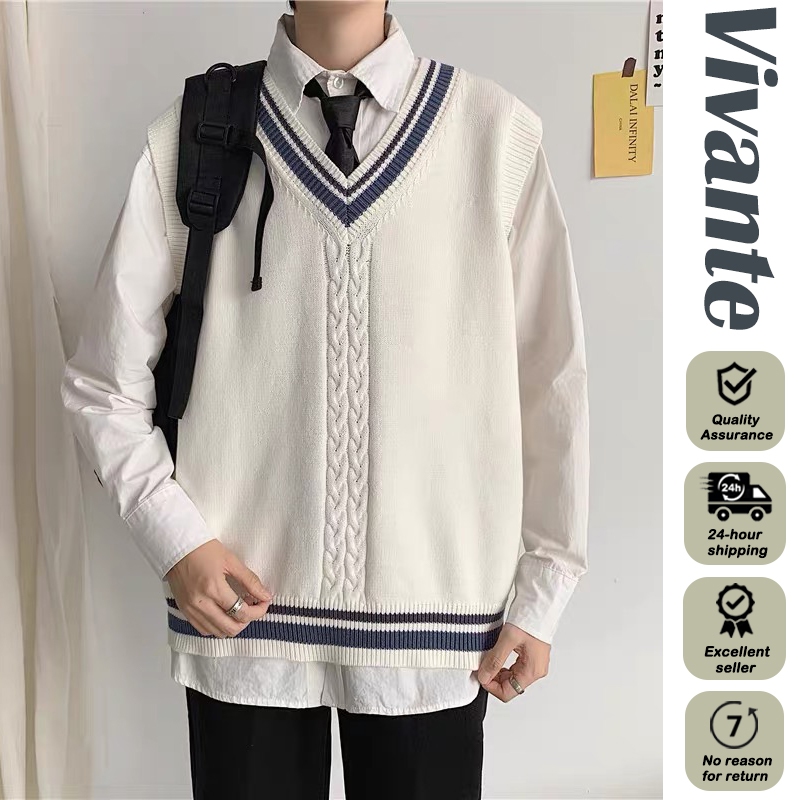 【M-3XL】Knitted Vest For Men College Style V-neck Vest Knitted Men's ...