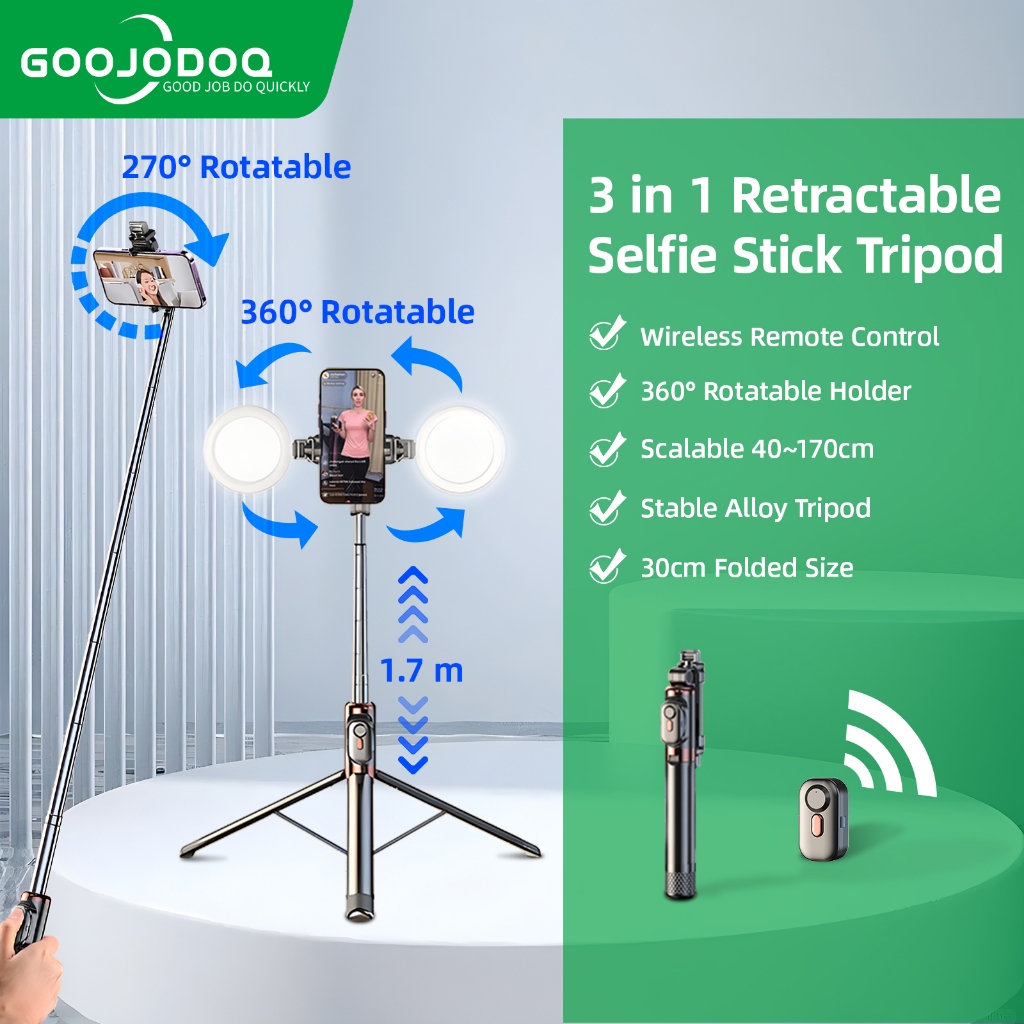 GOOJODOQ 4 in 1 Multifunctional Selfie Stick 360° rotation with LED ...
