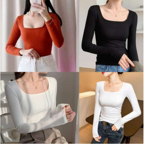 Long Sleeve Square Neck Double Lining Basic Cotton Spandex Shirt Plain ...