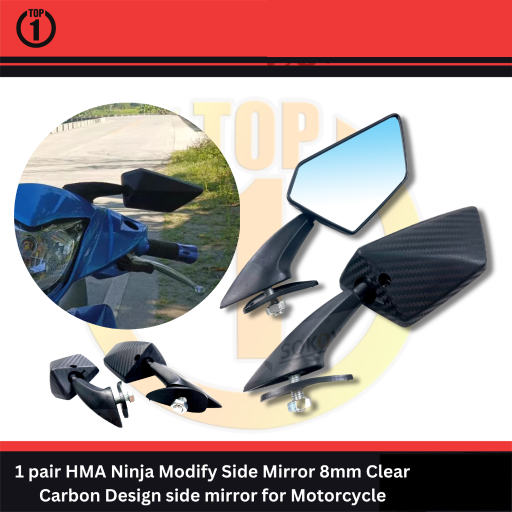 Top1 Motors 1 Pair HMA Ninja Modify Side Mirror 8mm Clear Carbon Design ...