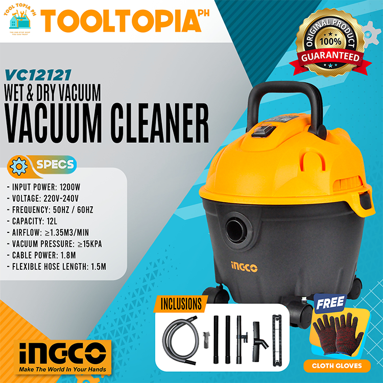 INGCO VC12121 1200W Wet & Dry Vacuum Cleaner 12L Capacity Household ...