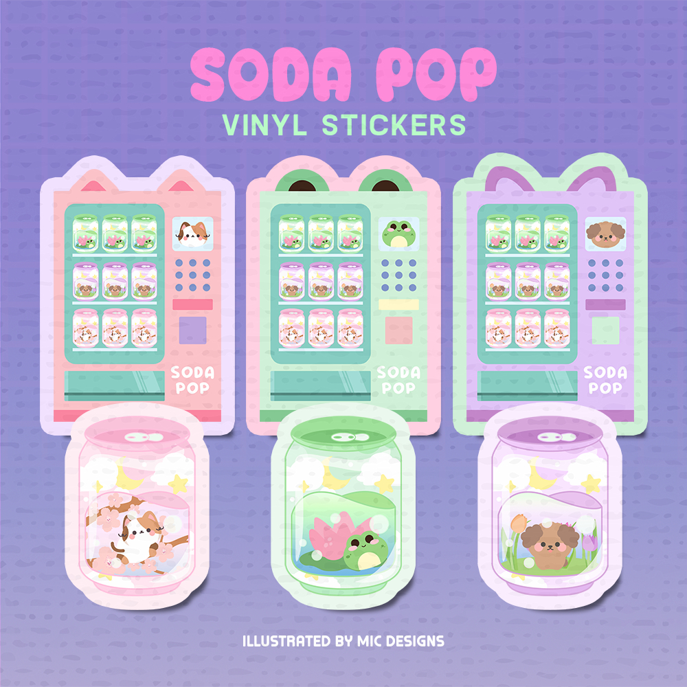 (SALE!!) Soda Pop Machine Vinyl Sticker Pack Neko Pup Froggy Waterproof ...